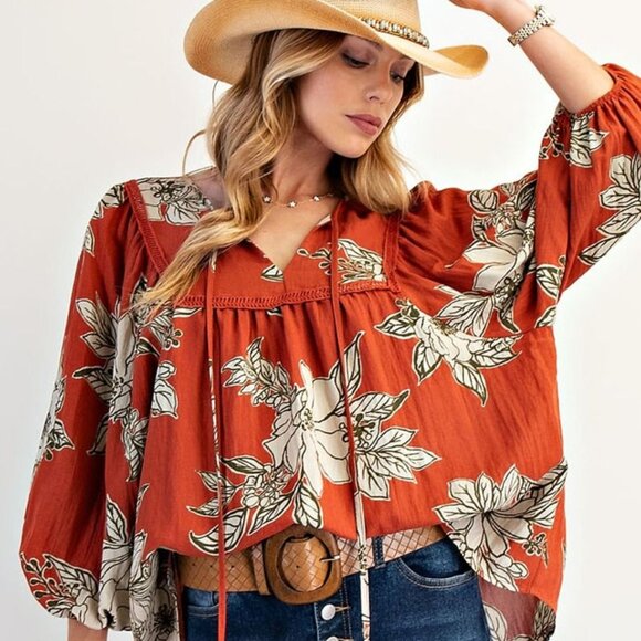 Easel Los Angeles | Tops | New Easel Floral Print Boho Blouse In Rust ...